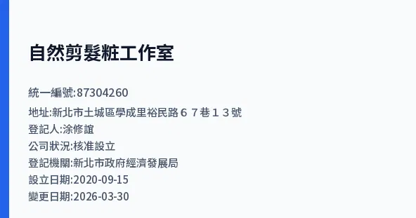 自然剪髮粧工作室的照片-統編 87304260(新北市) 公司登記資料與營業項目詳細圖表