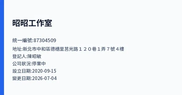 昭昭工作室的照片-統編 87304509(新北市) 公司登記資料與營業項目詳細圖表