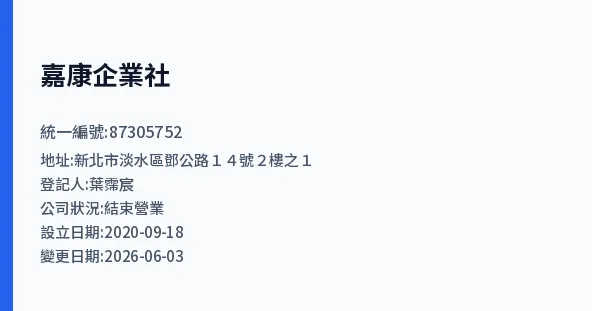 嘉康企業社的照片-統編 87305752(新北市) 公司登記資料與營業項目詳細圖表