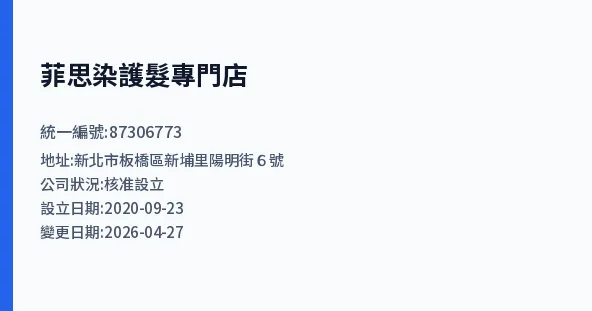 菲思染護髮專門店的照片-統編 87306773(新北市) 公司登記資料與營業項目詳細圖表