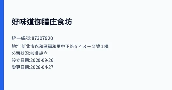 好味道御膳庄食坊的照片-統編 87307920(新北市) 公司登記資料與營業項目詳細圖表