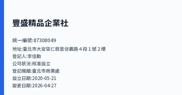 豐盛精品企業社的照片-統編 87308049(臺北市) 公司登記資料與營業項目詳細圖表