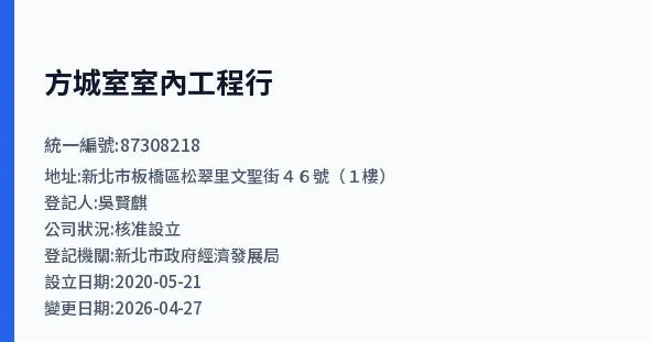 方城室室內工程行的照片-統編 87308218(新北市) 公司登記資料與營業項目詳細圖表