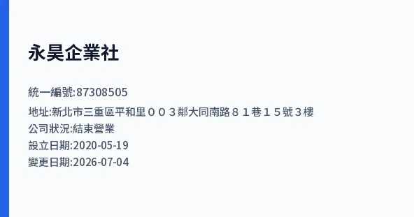 永昊企業社的照片-統編 87308505(新北市) 公司登記資料與營業項目詳細圖表
