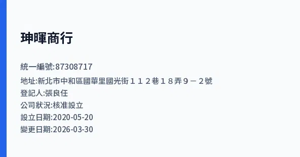 珅暉商行的照片-統編 87308717(新北市) 公司登記資料與營業項目詳細圖表