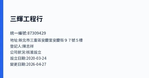 三輝工程行的照片-統編 87309429(新北市) 公司登記資料與營業項目詳細圖表
