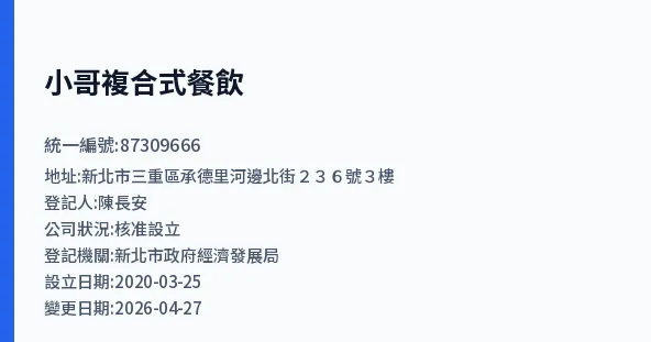 小哥複合式餐飲的照片-統編 87309666(新北市) 公司登記資料與營業項目詳細圖表
