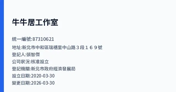 牛牛居工作室的照片-統編 87310621(新北市) 公司登記資料與營業項目詳細圖表