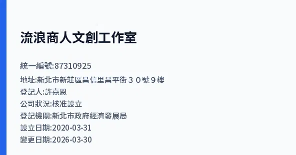 流浪商人文創工作室的照片-統編 87310925(新北市) 公司登記資料與營業項目詳細圖表