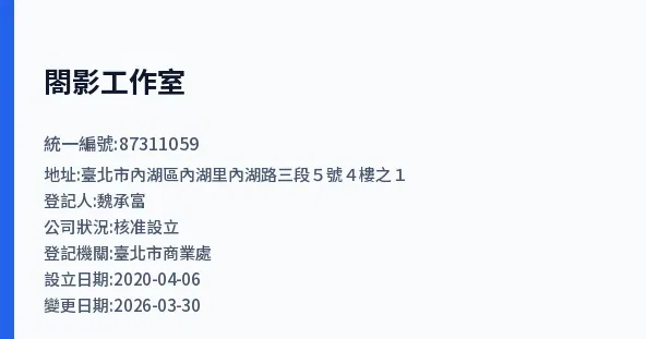 閤影工作室的照片-統編 87311059(臺北市) 公司登記資料與營業項目詳細圖表