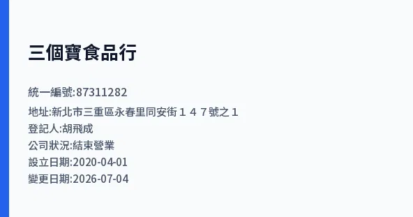 三個寶食品行的照片-統編 87311282(新北市) 公司登記資料與營業項目詳細圖表