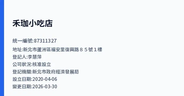 禾珈小吃店的照片-統編 87311327(新北市) 公司登記資料與營業項目詳細圖表