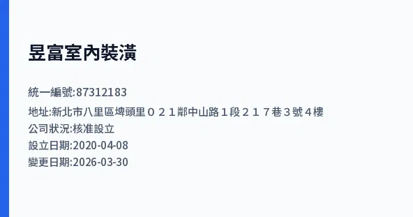 昱富室內裝潢的照片-統編 87312183(新北市) 公司登記資料與營業項目詳細圖表
