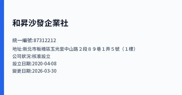 和昇沙發企業社的照片-統編 87312212(新北市) 公司登記資料與營業項目詳細圖表