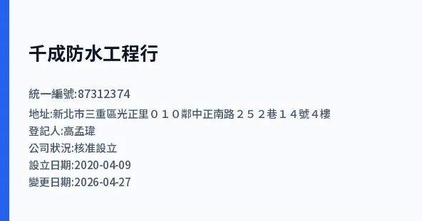 千成防水工程行的照片-統編 87312374(新北市) 公司登記資料與營業項目詳細圖表