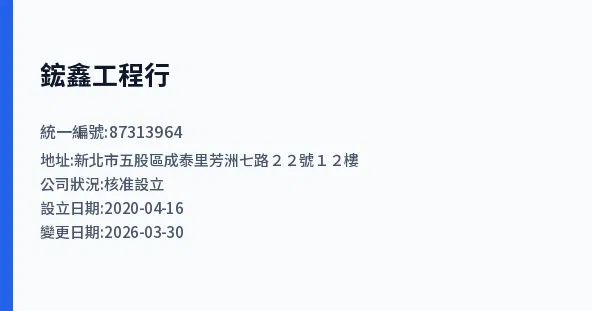 鋐鑫工程行的照片-統編 87313964(新北市) 公司登記資料與營業項目詳細圖表