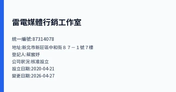 雷電媒體行銷工作室的照片-統編 87314078(新北市) 公司登記資料與營業項目詳細圖表