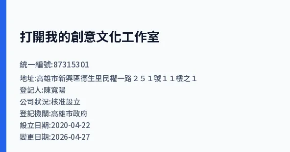 打開我的創意文化工作室的照片-統編 87315301(高雄市) 公司登記資料與營業項目詳細圖表