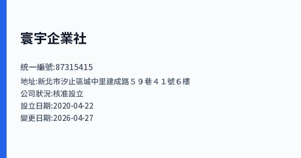 寰宇企業社的照片-統編 87315415(新北市) 公司登記資料與營業項目詳細圖表