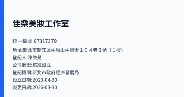 佳樂美妝工作室的照片-統編 87317379(新北市) 公司登記資料與營業項目詳細圖表