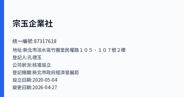 宗玉企業社的照片-統編 87317618(新北市) 公司登記資料與營業項目詳細圖表