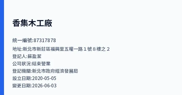 香集木工廠的照片-統編 87317878(新北市) 公司登記資料與營業項目詳細圖表