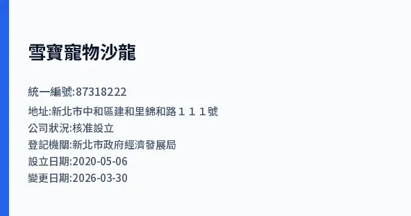 雪寶寵物沙龍的照片-統編 87318222(新北市) 公司登記資料與營業項目詳細圖表