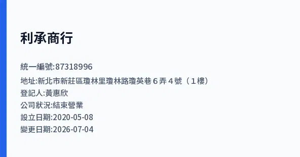 利承商行的照片-統編 87318996(新北市) 公司登記資料與營業項目詳細圖表