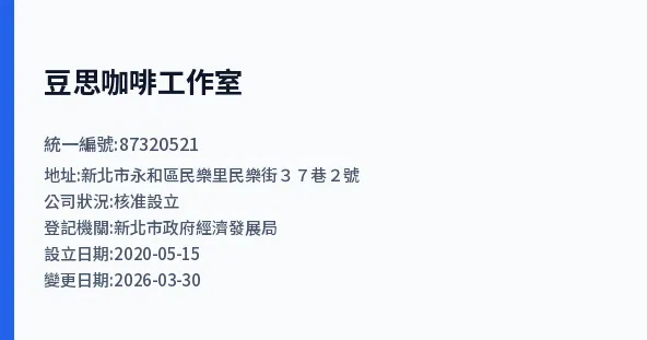 豆思咖啡工作室的照片-統編 87320521(新北市) 公司登記資料與營業項目詳細圖表