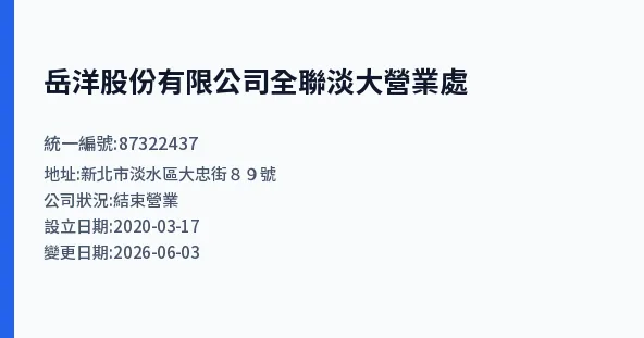 岳洋股份有限公司全聯淡大營業處的照片-統編 87322437(新北市) 公司登記資料與營業項目詳細圖表
