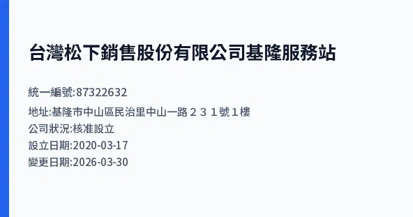 台灣松下銷售股份有限公司基隆服務站的照片-統編 87322632(基隆市) 公司登記資料與營業項目詳細圖表