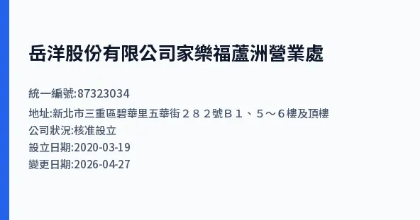 岳洋股份有限公司家樂福蘆洲營業處的照片-統編 87323034(新北市) 公司登記資料與營業項目詳細圖表