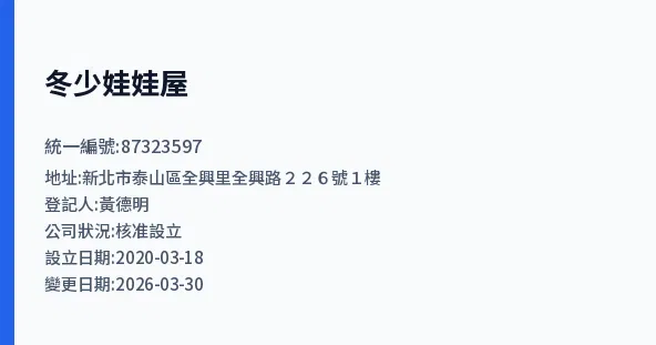 冬少娃娃屋的照片-統編 87323597(新北市) 公司登記資料與營業項目詳細圖表