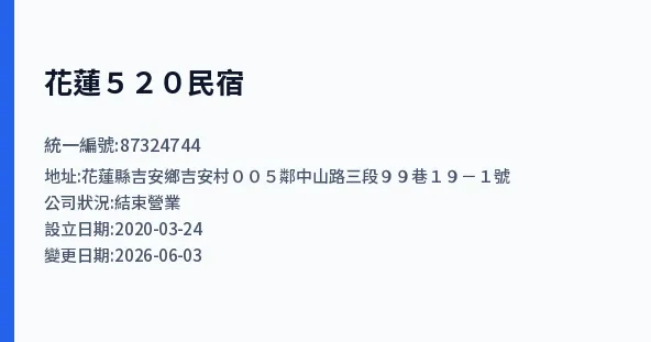 花蓮520民宿的照片-統編 87324744(花蓮縣) 公司登記資料與營業項目詳細圖表