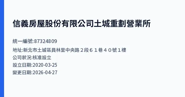 信義房屋股份有限公司土城重劃營業所的照片-統編 87324809(新北市) 公司登記資料與營業項目詳細圖表