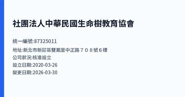 社團法人中華民國生命樹教育協會的照片-統編 87325011(新北市) 公司登記資料與營業項目詳細圖表