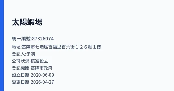 太陽蝦場的照片-統編 87326074(基隆市) 公司登記資料與營業項目詳細圖表