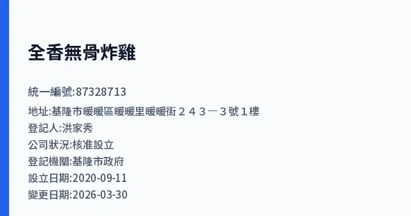 全香無骨炸雞的照片-統編 87328713(基隆市) 公司登記資料與營業項目詳細圖表