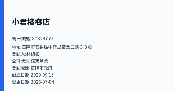 小君檳榔店的照片-統編 87328777(基隆市) 公司登記資料與營業項目詳細圖表