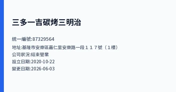 三多一吉碳烤三明治的照片-統編 87329564(基隆市) 公司登記資料與營業項目詳細圖表