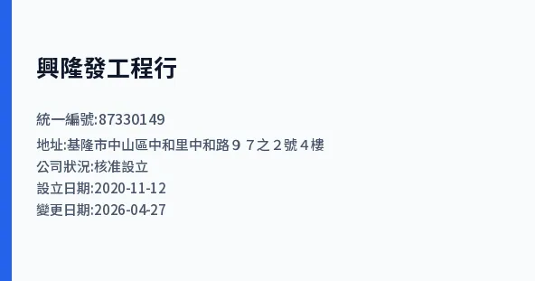 興隆發工程行的照片-統編 87330149(基隆市) 公司登記資料與營業項目詳細圖表