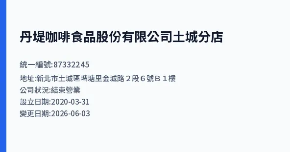 丹堤咖啡食品股份有限公司土城分店的照片-統編 87332245(新北市) 公司登記資料與營業項目詳細圖表