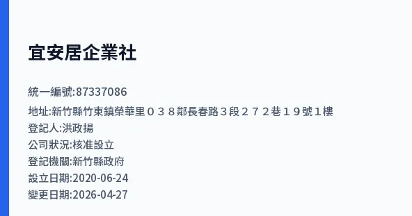 宜安居企業社的照片-統編 87337086(新竹縣) 公司登記資料與營業項目詳細圖表