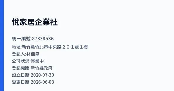 悅家居企業社的照片-統編 87338536(新竹縣) 公司登記資料與營業項目詳細圖表