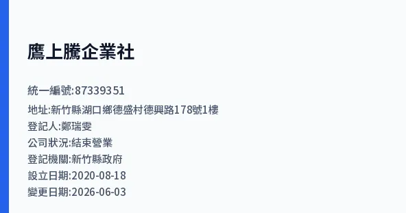 鷹上騰企業社的照片-統編 87339351(新竹縣) 公司登記資料與營業項目詳細圖表