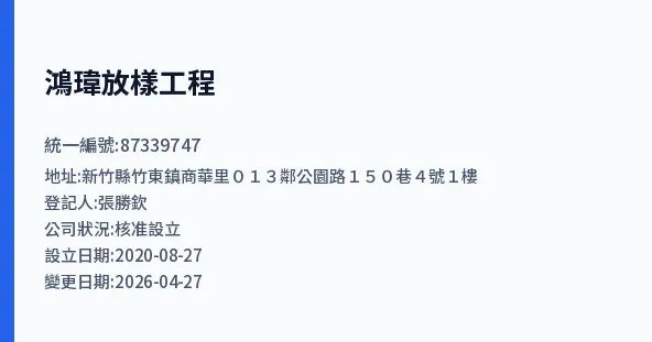 鴻瑋放樣工程的照片-統編 87339747(新竹縣) 公司登記資料與營業項目詳細圖表