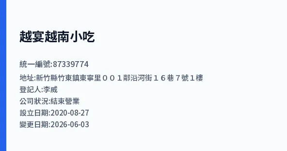 越宴越南小吃的照片-統編 87339774(新竹縣) 公司登記資料與營業項目詳細圖表