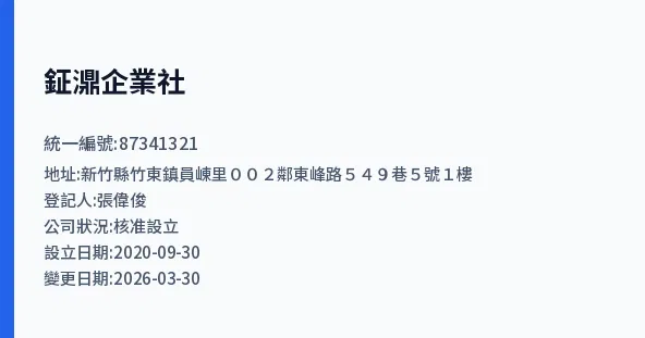 鉦濎企業社的照片-統編 87341321(新竹縣) 公司登記資料與營業項目詳細圖表