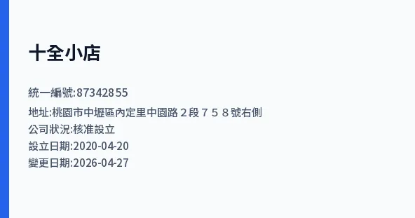 十全小店的照片-統編 87342855(桃園市) 公司登記資料與營業項目詳細圖表