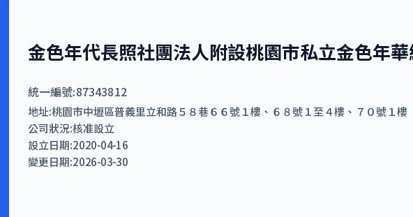 金色年代長照社團法人附設桃園市私立金色年華綜合長照機構的照片-統編 87343812(桃園市) 公司登記資料與營業項目詳細圖表